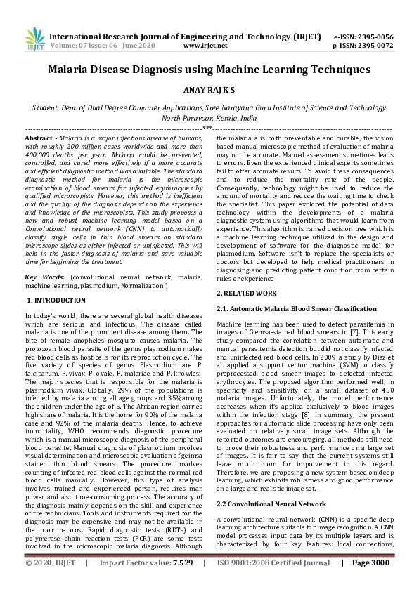 (PDF) IRJET- Malaria Disease Diagnosis using Machine Learning Techniques ANAY RAJ K S