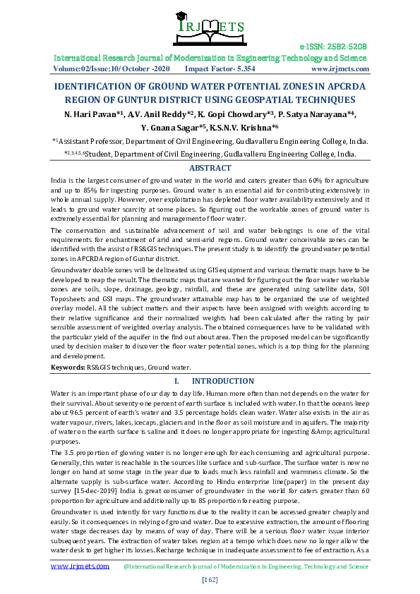 (PDF) IDENTIFICATION OF GROUND WATER POTENTIAL ZONES IN APCRDA REGION ...