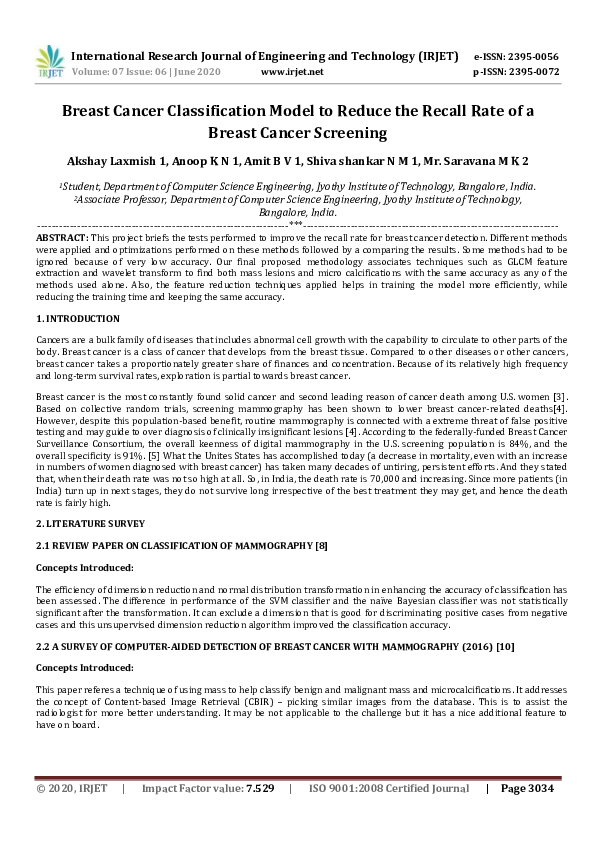 (PDF) Breast Cancer Classification Model to Reduce the Recall Rate of a ...