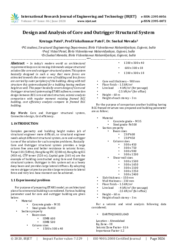 (PDF) IRJET- Design and Analysis of Core and Outrigger Structural System