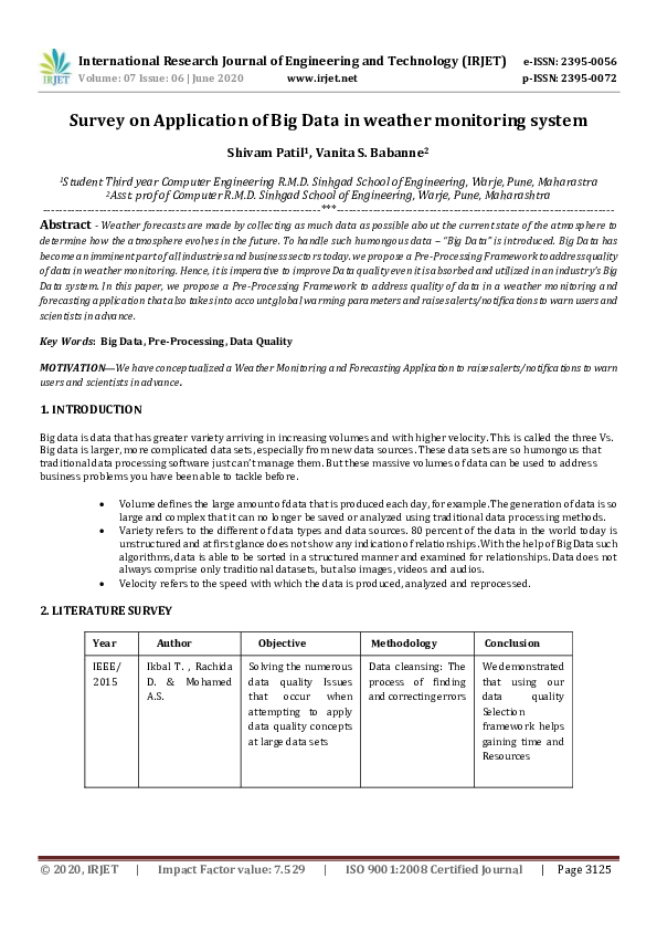 (PDF) Survey on Application of Big Data in weather monitoring system