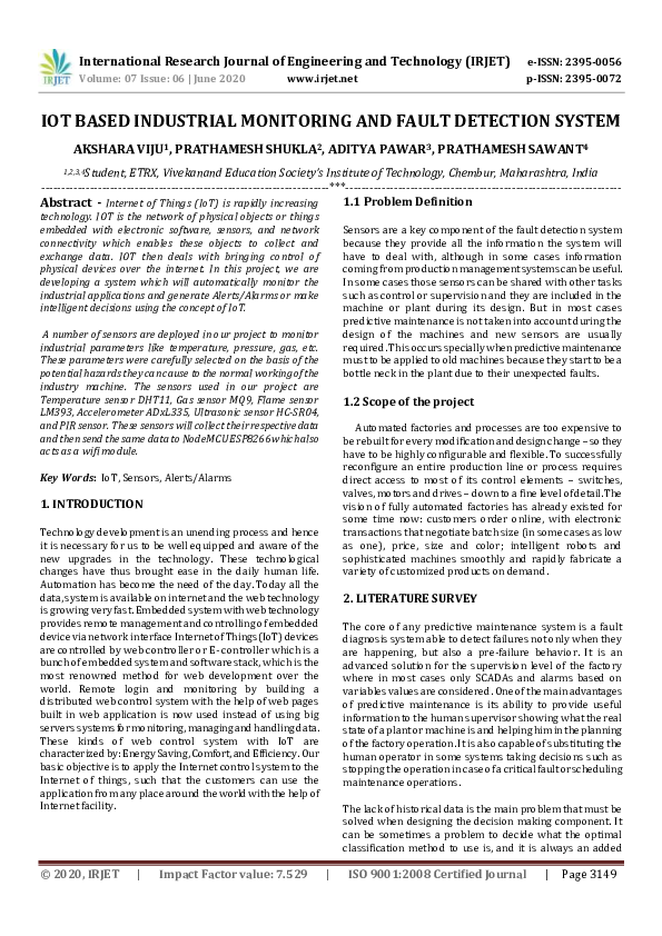 Pdf Iot Based Industrial Monitoring And Fault Detection System