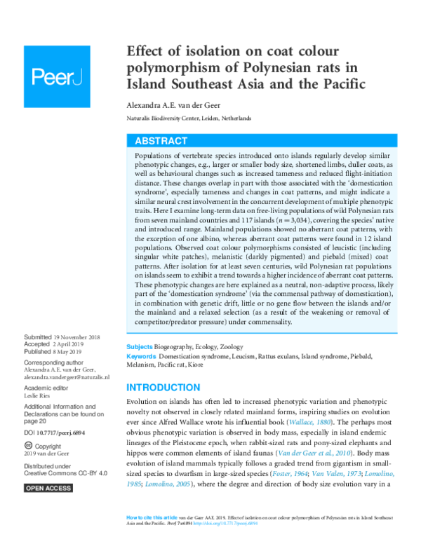 (PDF) Effect of isolation on coat colour polymorphism of Polynesian rats in Island Southeast ...