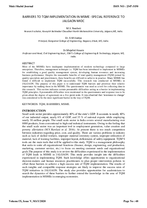 (PDF) BARRIERS TO TQM IMPLEMENTATION IN MSME -SPECIAL REFERENCE TO ...