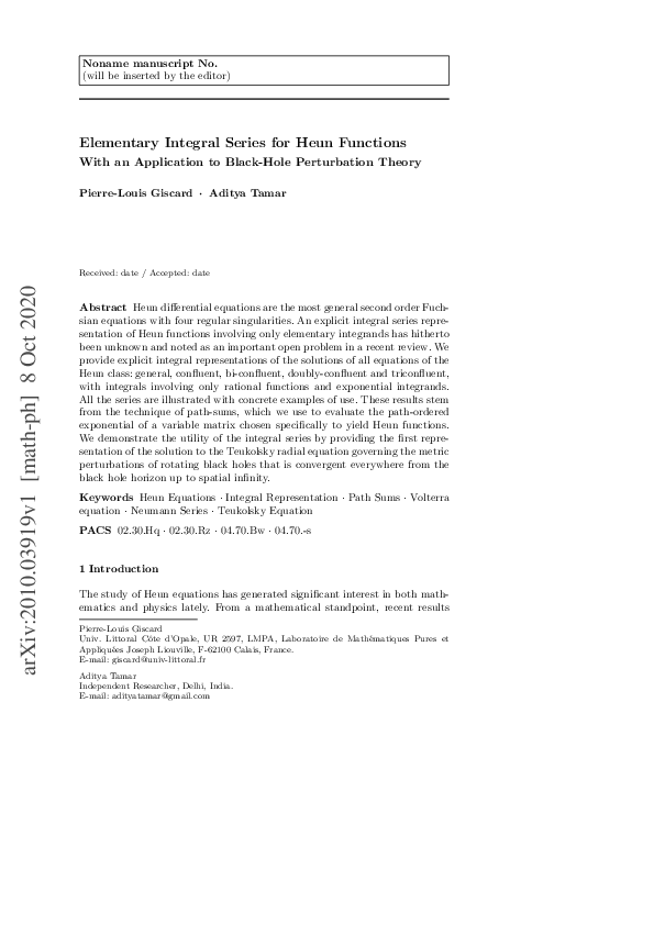 Pdf Elementary Integral Series For Heun Functions With An Application