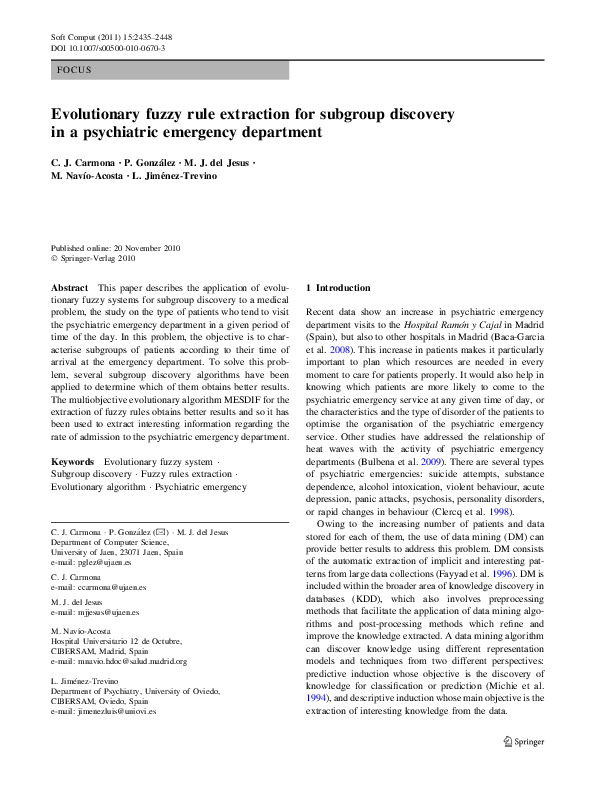 Pdf Evolutionary Fuzzy Rule Extraction For Subgroup Discovery In A Psychiatric Emergency