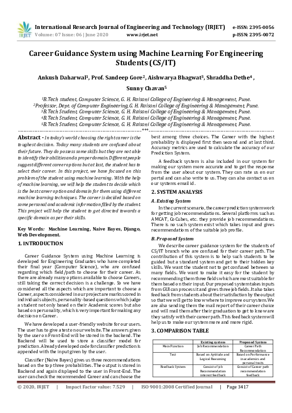 (PDF) IRJET- Career Guidance System using Machine Learning For ...