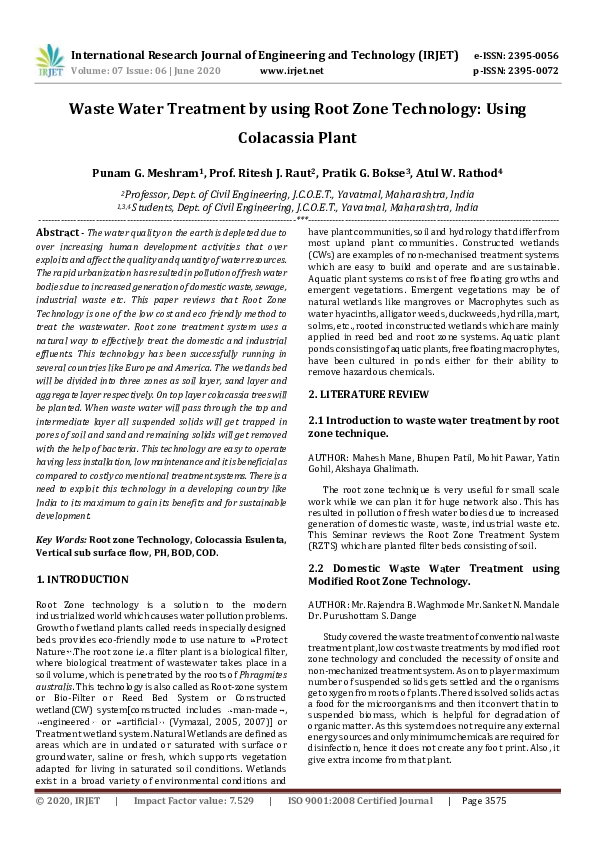 (PDF) IRJET-Waste Water Treatment by Using Root Zone Technology using Colacassia Plant