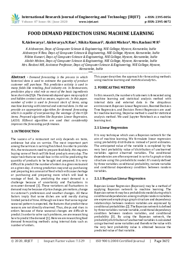 Pdf Irjet Food Demand Prediction Using Machine Learning