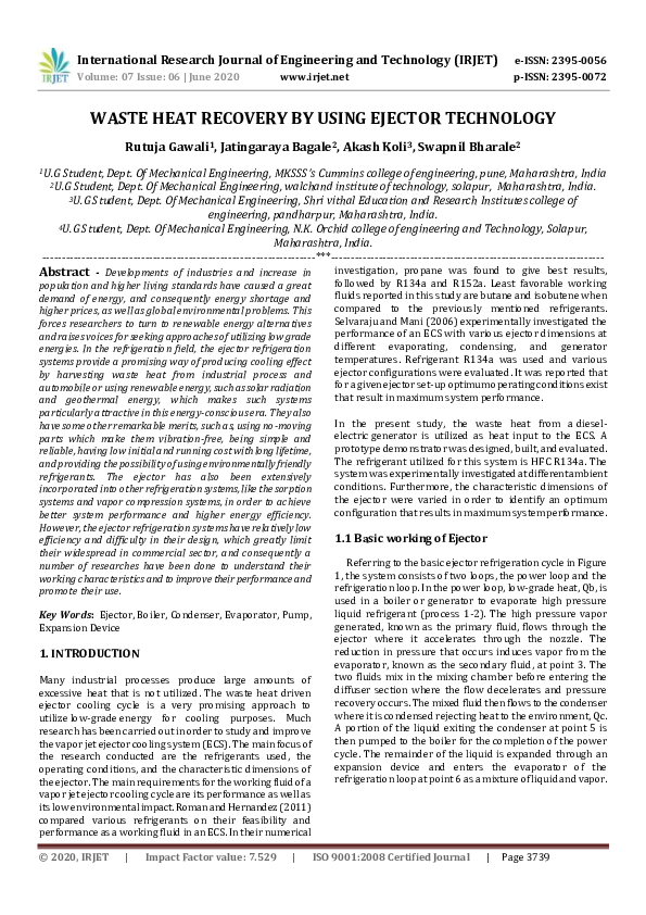 (PDF) IRJET- WASTE HEAT RECOVERY BY USING EJECTOR TECHNOLOGY