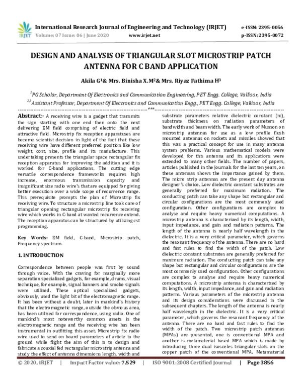 (PDF) IRJET- DESIGN AND ANALYSIS OF TRIANGULAR SLOT MICROSTRIP PATCH ANTENNA FOR C BAND APPLICATION