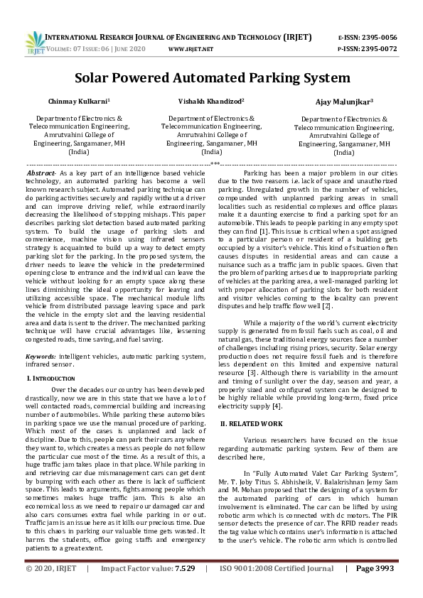 (PDF) IRJET- Solar Powered Automated Parking System