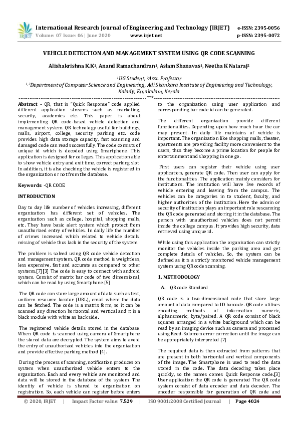 Pdf Irjet Vehicle Detection And Management System Using Qr Code Scanning