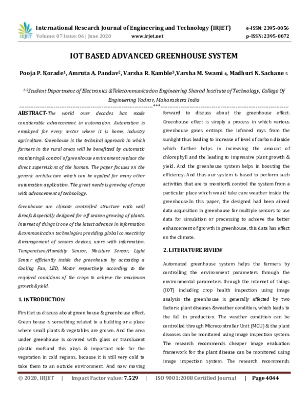(PDF) IRJET- IOT BASED ADVANCED GREENHOUSE SYSTEM
