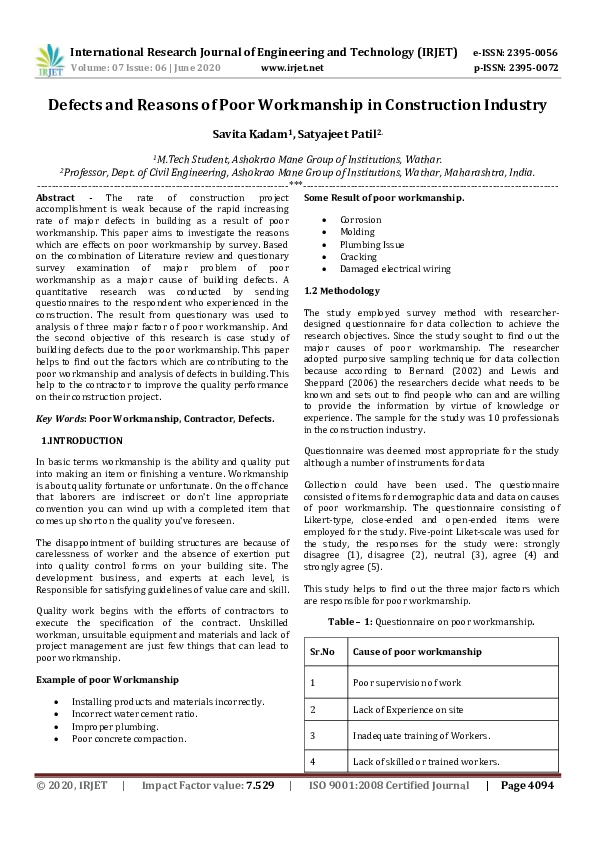 (PDF) IRJET- Defects and Reasons of Poor Workmanship in Construction ...