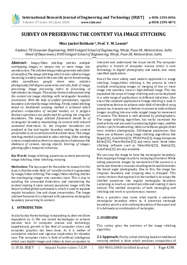 (PDF) IRJET- SURVEY ON PRESERVING THE CONTENT VIA IMAGE STITCHING