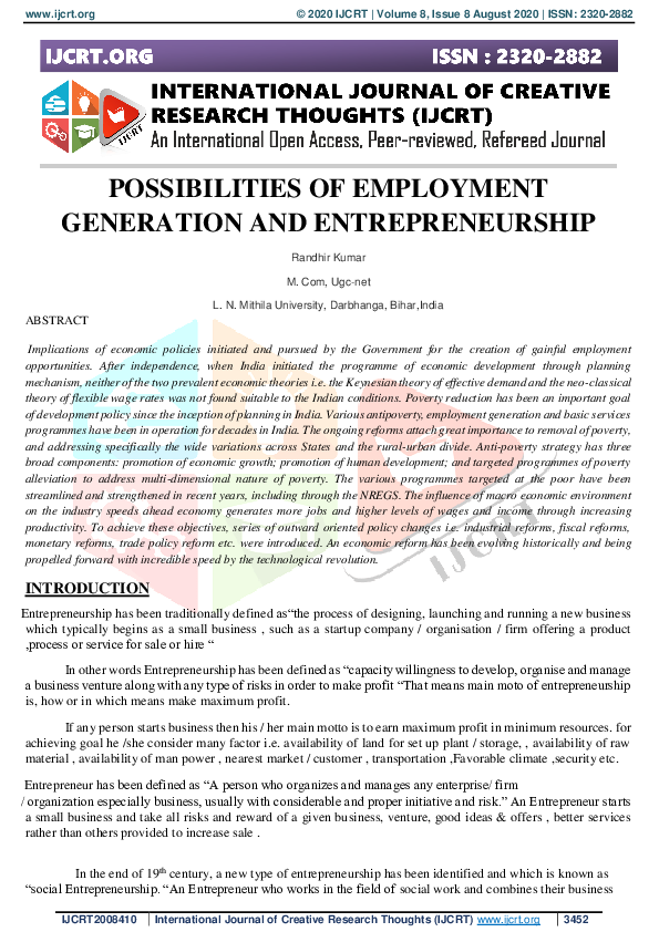 (PDF) POSSIBILITIES OF EMPLOYMENT GENERATION AND ENTREPRENEURSHIP
