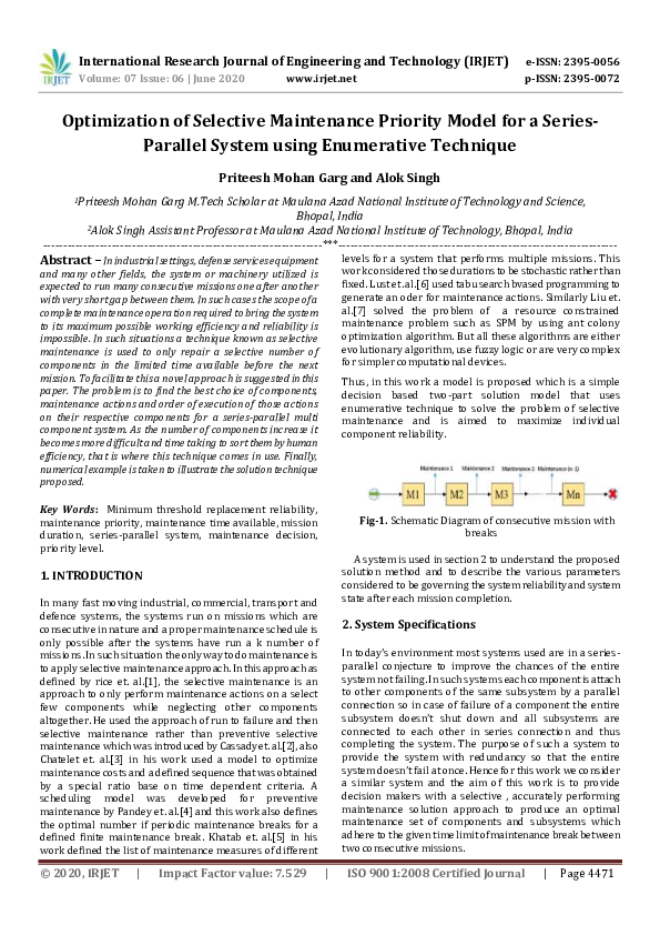 Pdf Irjet Optimization Of Selective Maintenance Priority Model For A Series Parallel System