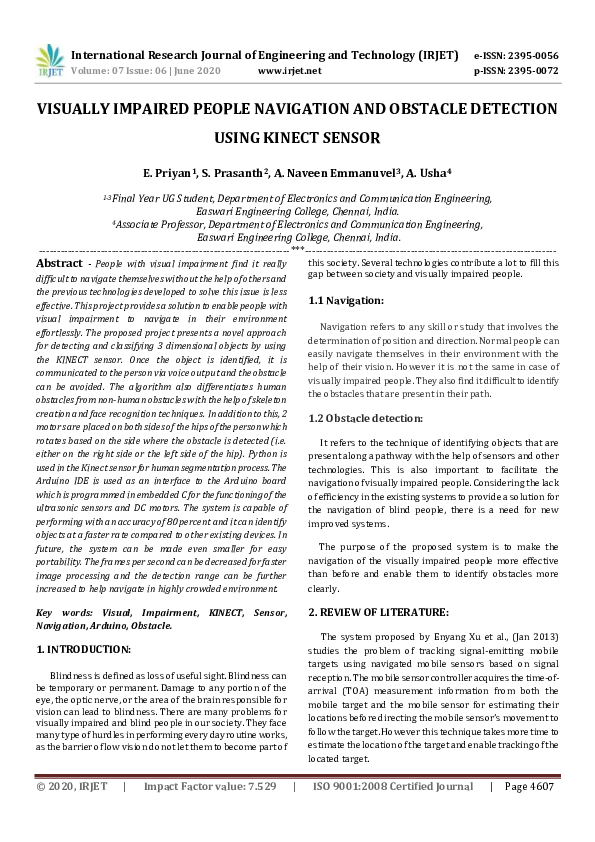 (PDF) IRJET- VISUALLY IMPAIRED PEOPLE NAVIGATION AND OBSTACLE DETECTION USING KINECT SENSOR