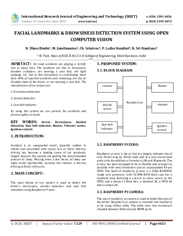 Pdf Irjet Facial Landmarks And Drowsiness Detection System Using Open Computer Vision