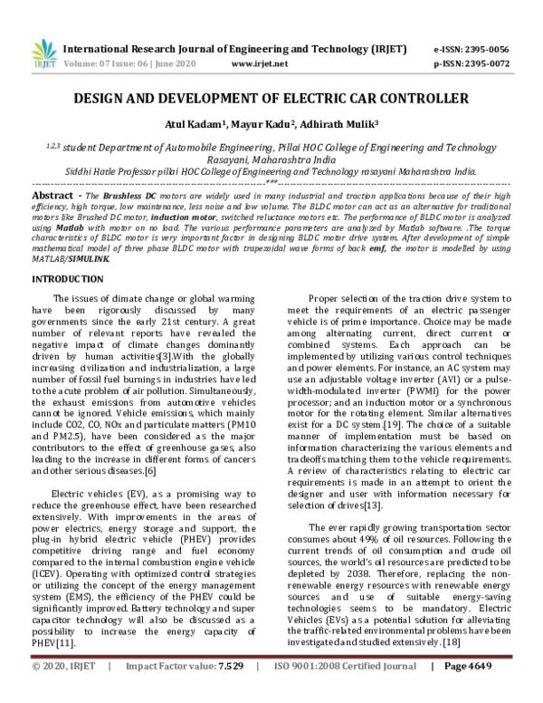 (PDF) IRJET- DESIGN AND DEVELOPMENT OF ELECTRIC CAR CONTROLLER