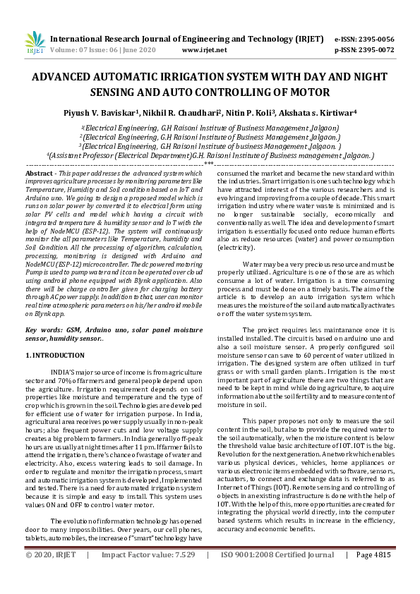 (PDF) IRJET- ADVANCED AUTOMATIC IRRIGATION SYSTEM WITH DAY AND NIGHT ...