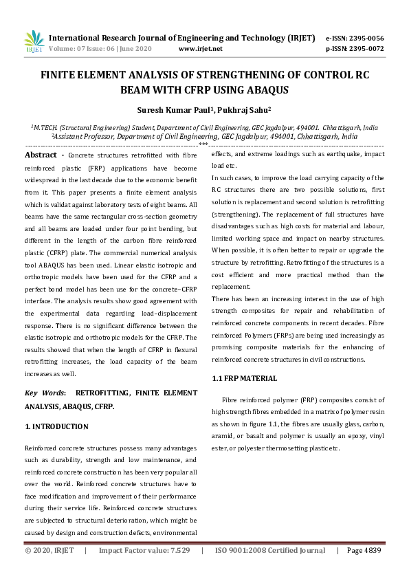 Pdf Irjet Finite Element Analysis Of Strengthening Of Control Rc Beam With Cfrp Using Abaqus