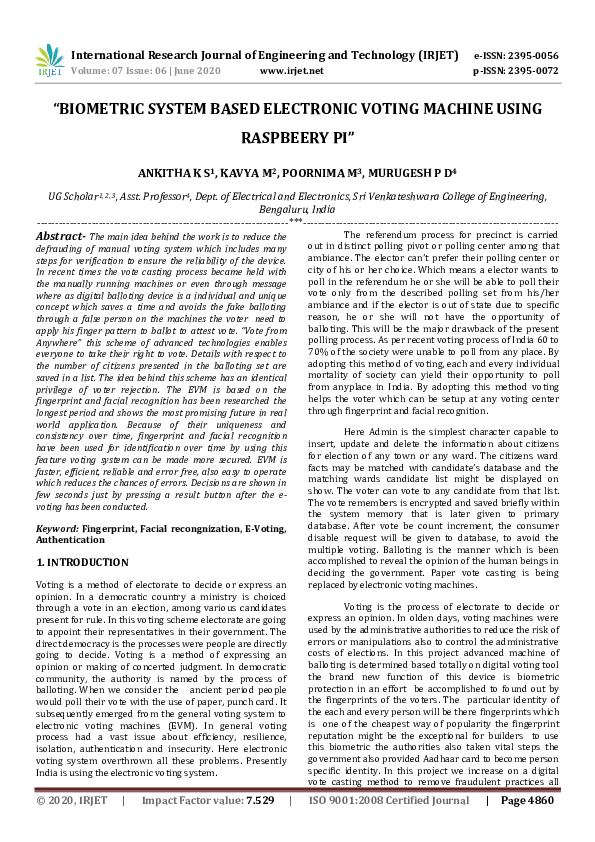 (PDF) IRJET- "BIOMETRIC SYSTEM BASED ELECTRONIC VOTING MACHINE USING ...