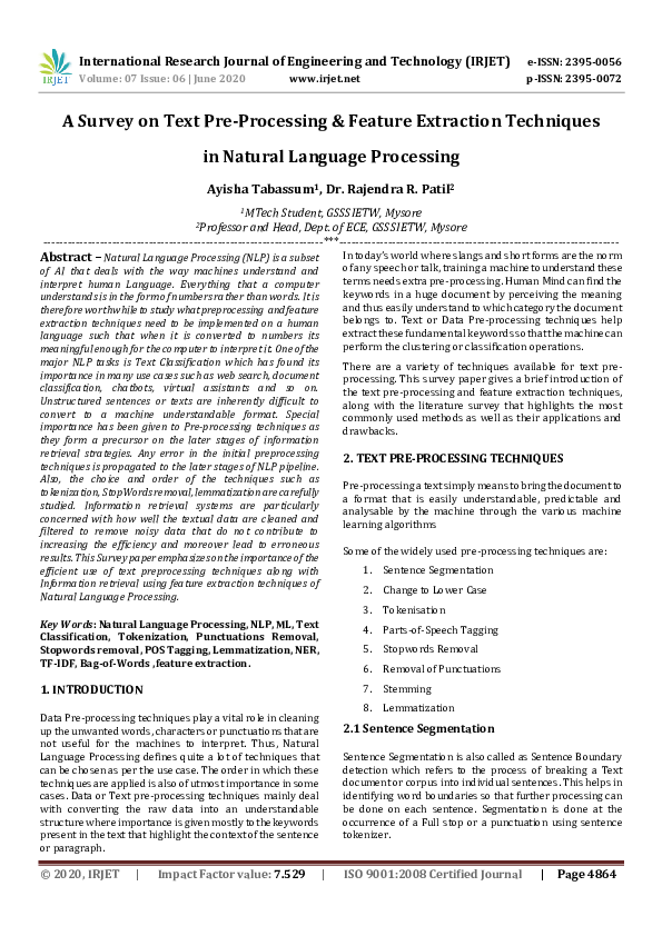 (PDF) IRJET- A Survey on Text Pre-Processing & Feature Extraction ...