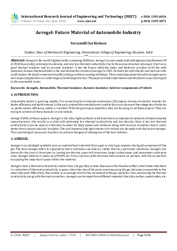 (PDF) IRJET- Aerogel: Future Material of Automobile Industry