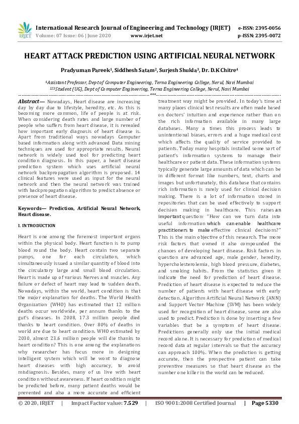 (PDF) IRJET- HEART ATTACK PREDICTION USING ARTIFICIAL NEURAL NETWORK