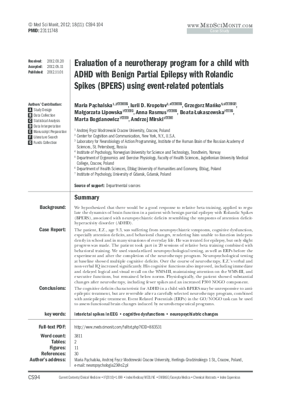 (PDF) Evaluation of a neurotherapy program for a child with ADHD with ...