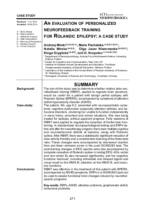 (PDF) An Evaluation of Personalized Neurofeedback Training for Rolandic Epilepsy: A Case Study