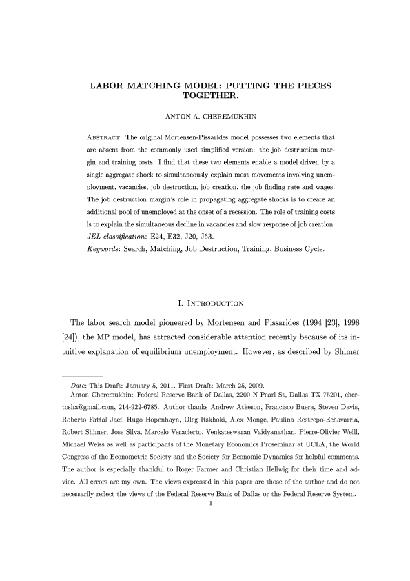 (PDF) Labor Matching Models: Putting The Pieces Together