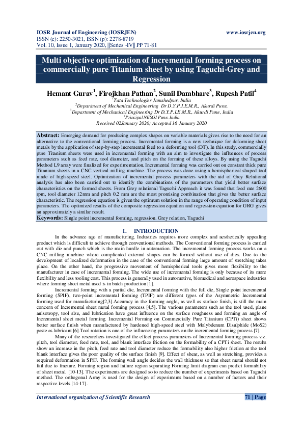 Pdf Multi Objective Optimization Of Incremental Forming Process On Commercially Pure Titanium
