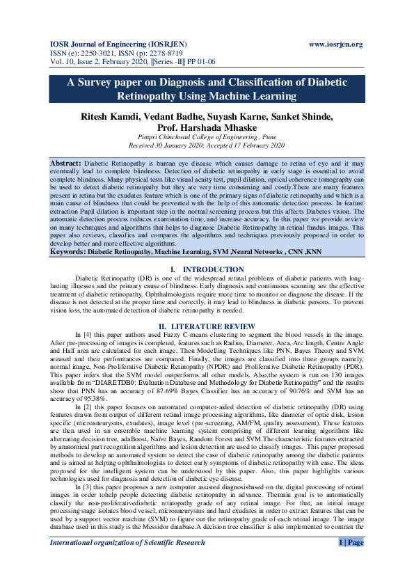 (PDF) A Survey paper on Diagnosis and Classification of Diabetic Retinopathy Using Machine Learning