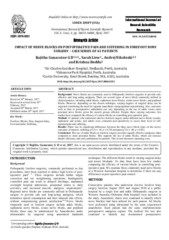 (PDF) IMPACT OF NERVE BLOCKS ON POSTOPERATIVE PAIN AND SUFFERING IN ...