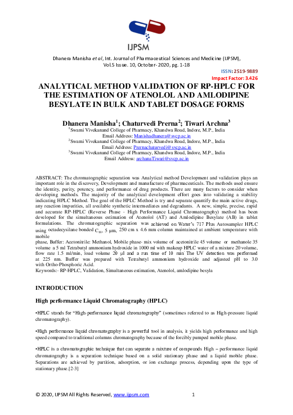 (PDF) ANALYTICAL METHOD VALIDATION OF RP-HPLC FOR THE ESTIMATION OF ATENOLOL AND AMLODIPINE ...