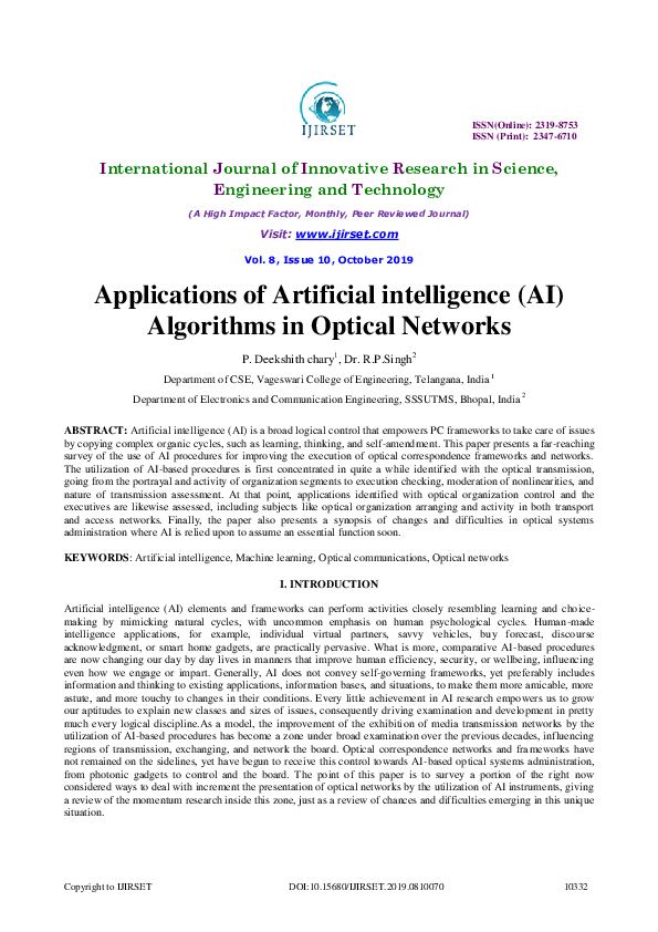 (PDF) Applications of Artificial intelligence (AI) Algorithms in Optical Networks