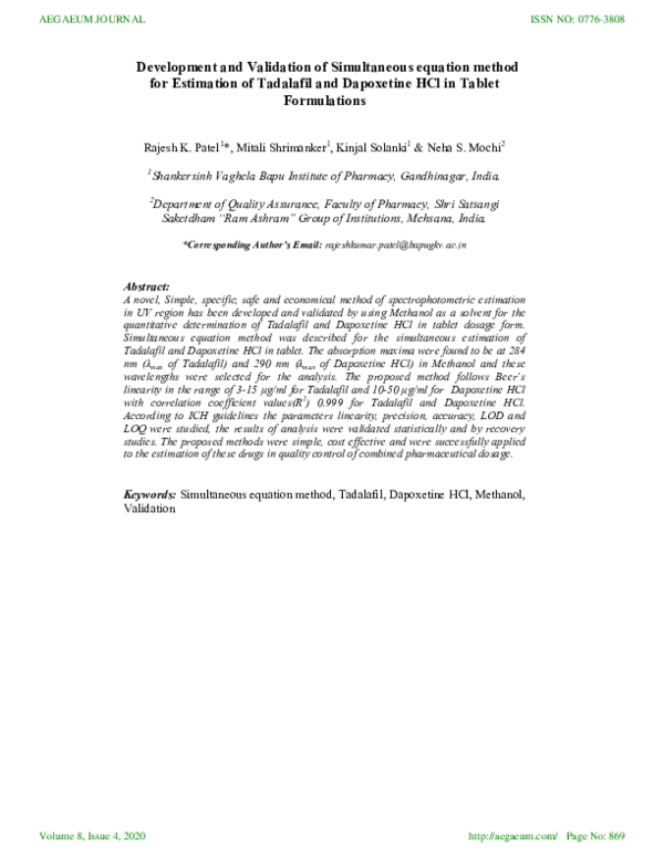 Pdf Development And Validation Of Simultaneous Equation Method For Estimation Of Tadalafil And