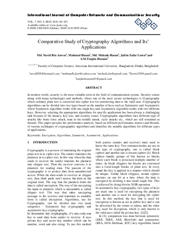 (PDF) Comparative Study of Cryptography Algorithms and Its' Applications