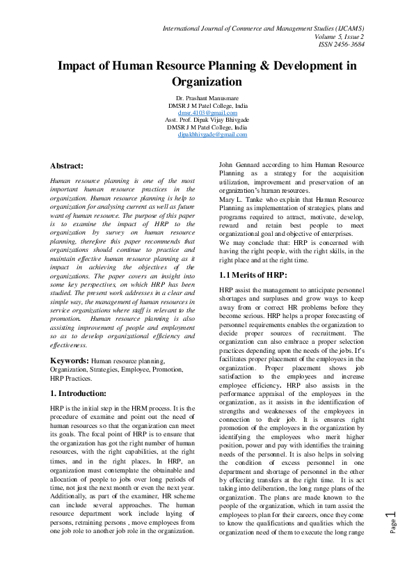 (PDF) Impact of Human Resource Planning & Development in Organization