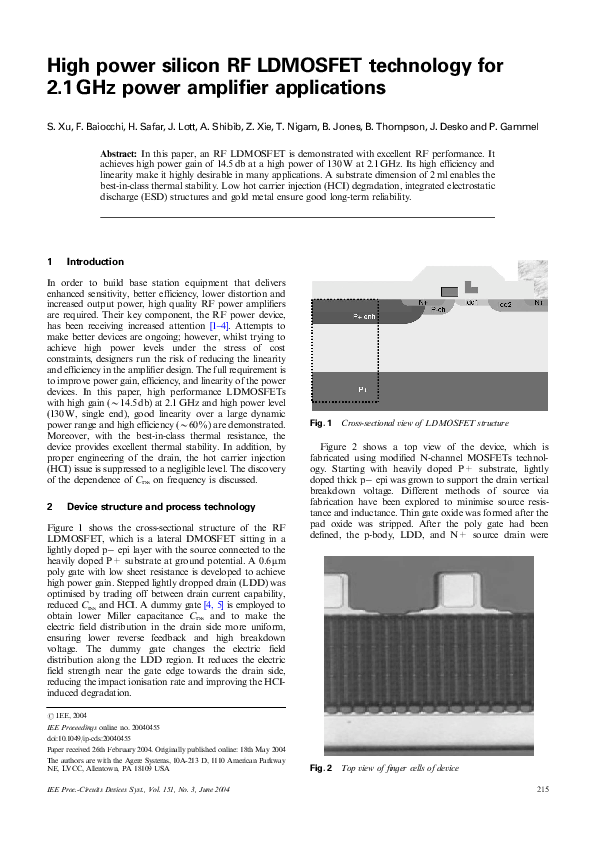 (PDF) High power silicon RF LDMOSFET technology for 2.1 GHz power ...
