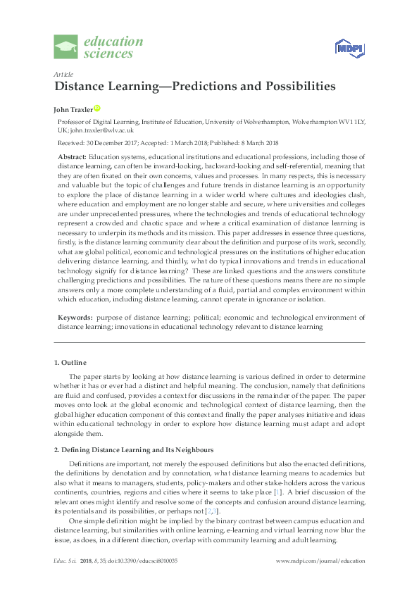 (PDF) Distance Learning-Predictions and Possibilities