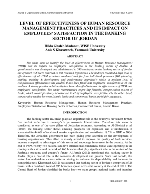 (PDF) LEVEL OF EFFECTIVENESS OF HUMAN RESOURCE MANAGEMENT PRACTICES AND ITS IMPACT ON EMPLOYEES ...