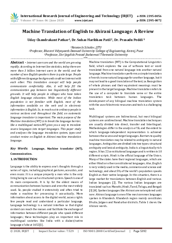 (PDF) IRJET- Machine Translation of English to Ahirani Language: A ...