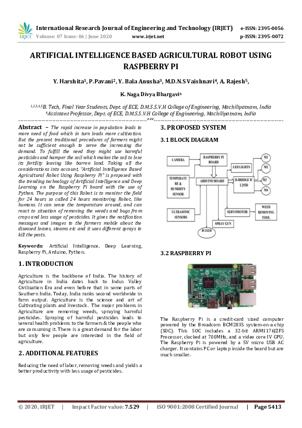 (PDF) IRJET- ARTIFICIAL INTELLIGENCE BASED AGRICULTURAL ROBOT USING RASPBERRY PI