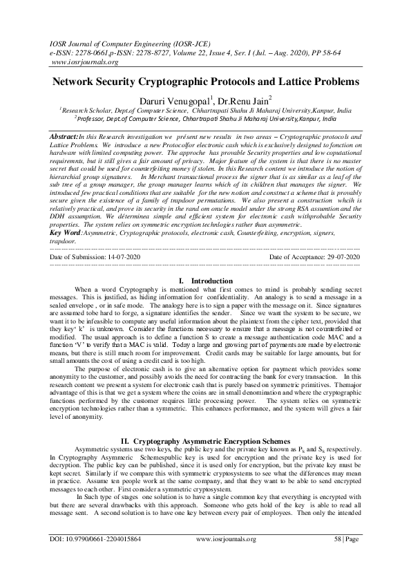 (PDF) Network Security Cryptographic Protocols and Lattice Problems