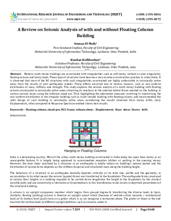 (PDF) IRJET- A Review on Seismic Analysis of with and without Floating Column Building