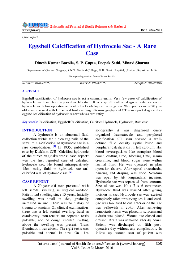 (PDF) Eggshell Calcification of Hydrocele Sac -A Rare Case